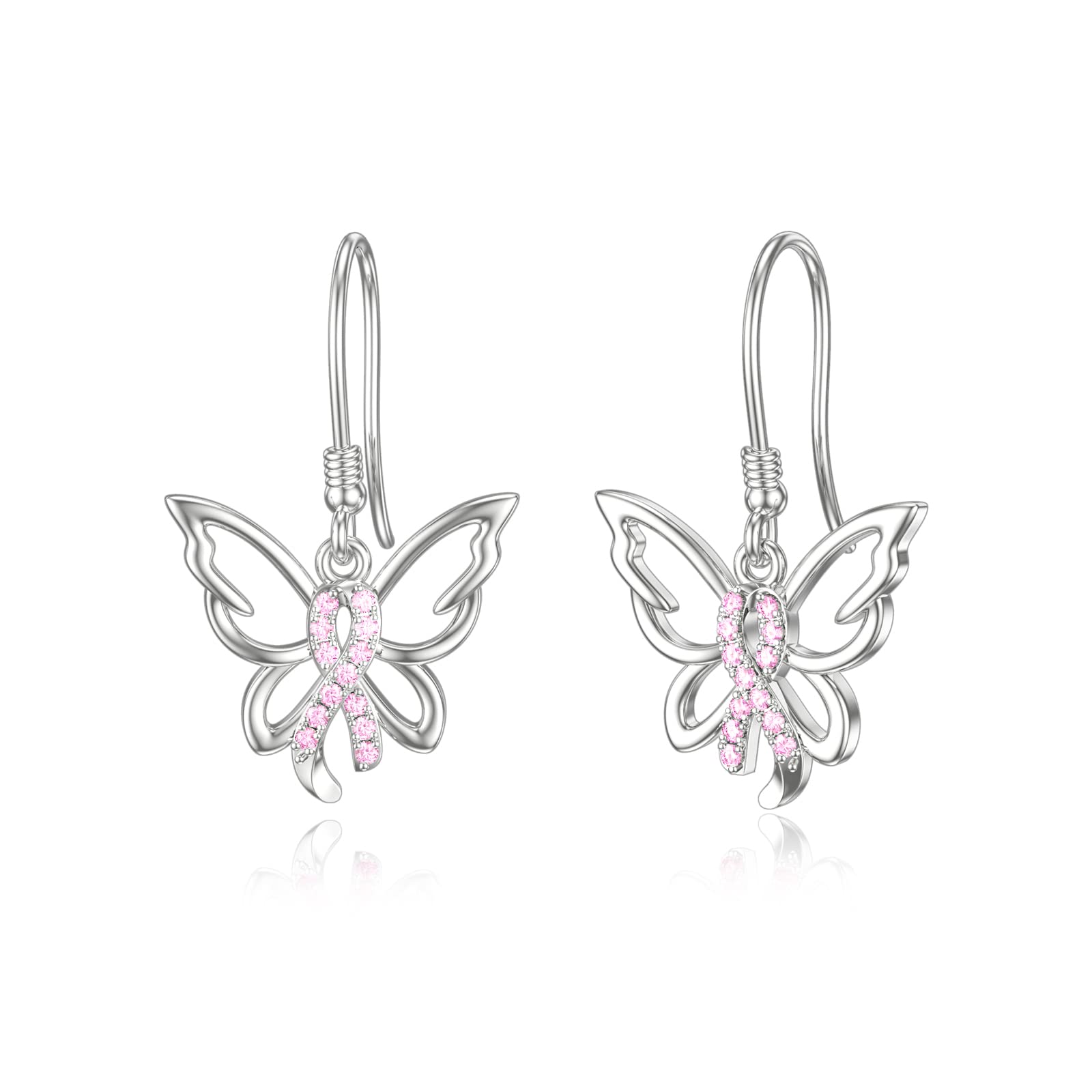 Butterfly Dangle Earrings Sterling Silver Breast Cancer Awareness Earrings Pink Ribbon Earrings Breast Cancer Survivor Gifts for Women