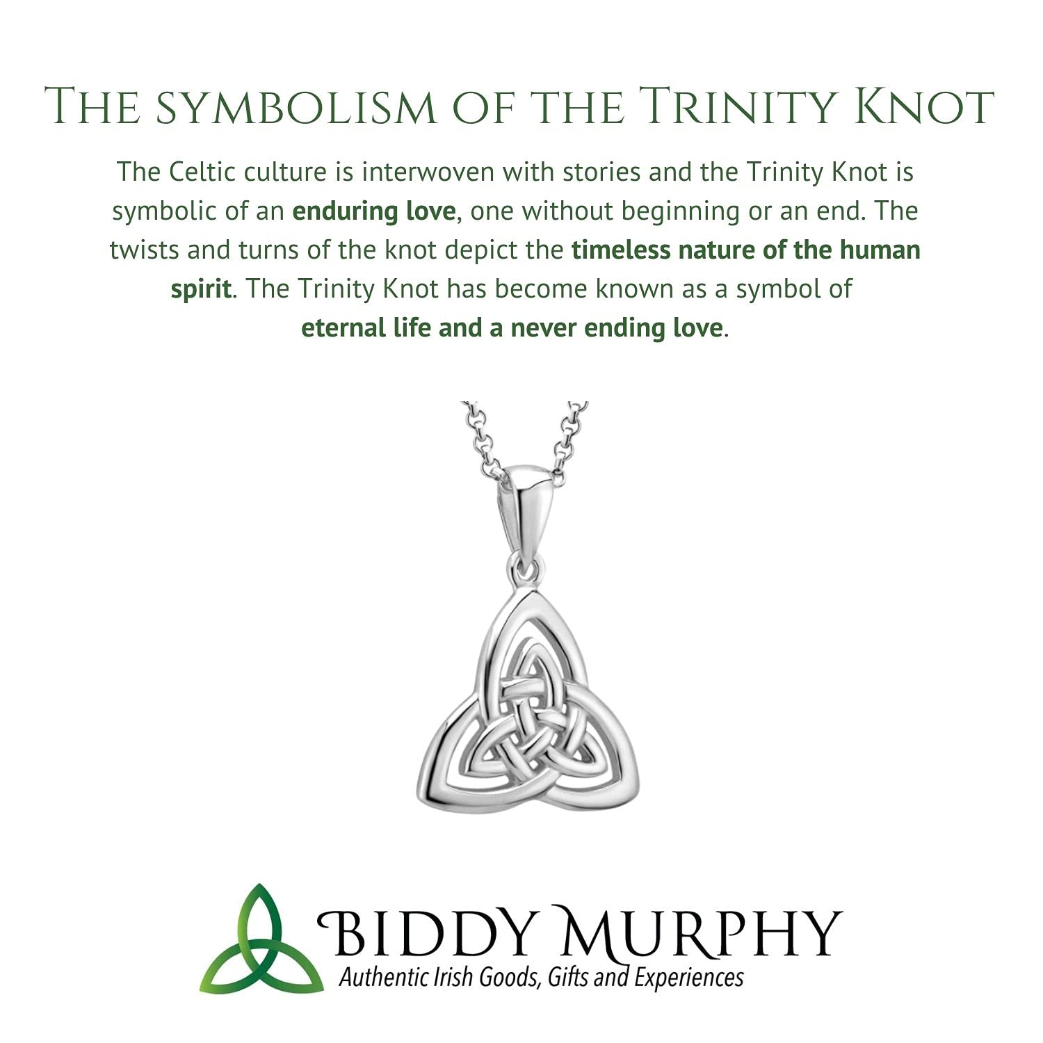 Biddy Murphy 925 Sterling Silver Trinity Celtic Knot Necklace for Women, 7/8" x 5/8" Inch Triquetra Triangle Pendant, Fine Irish Jewelry, 20" Inch with 2” Inch Extension Chain, Made in Ireland