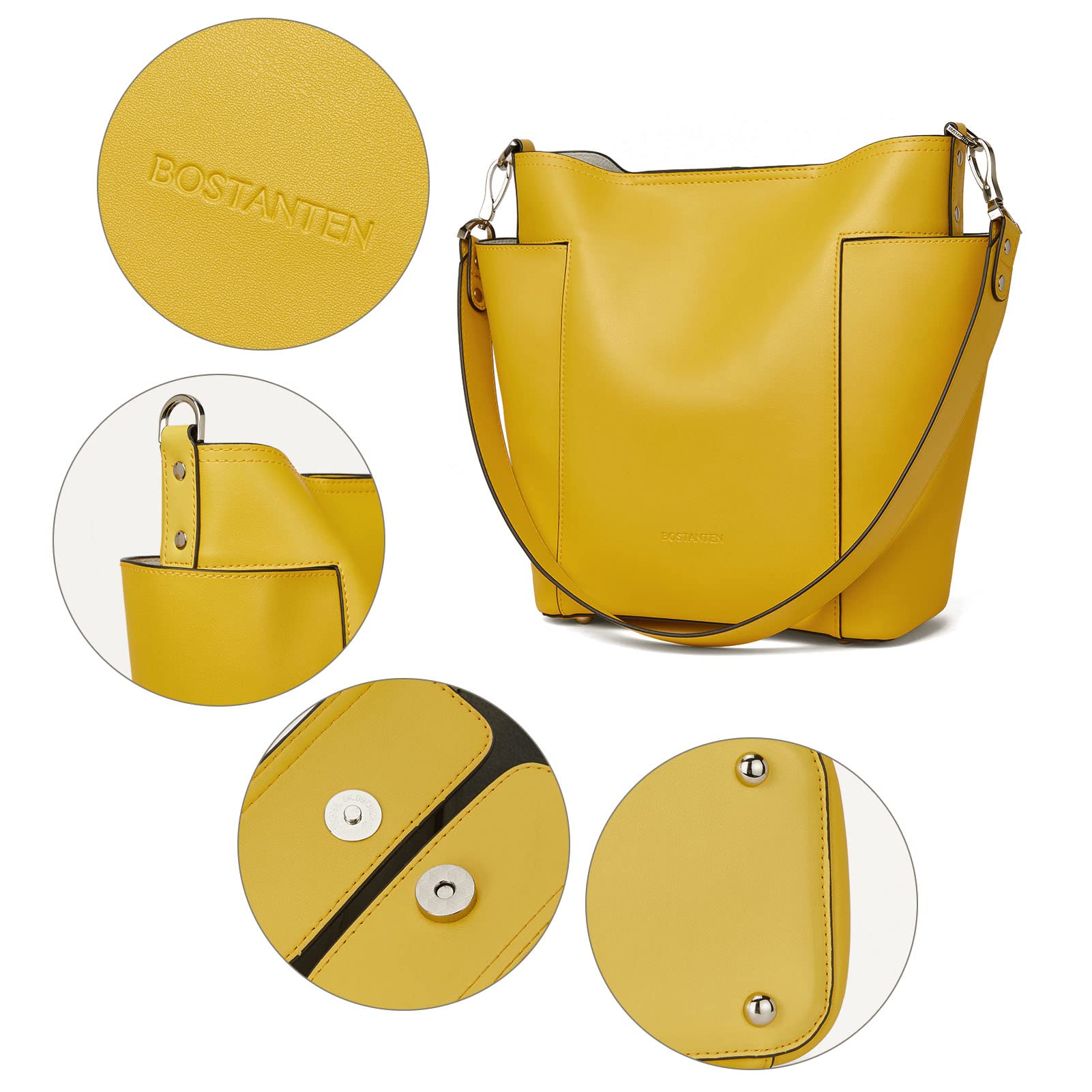 BOSTANTEN Genuine Leather Bucket Handbag Designer Hobo Shoulder Bag Tote Purses and Handbags Set with Clutch Purses Yellow-grainy