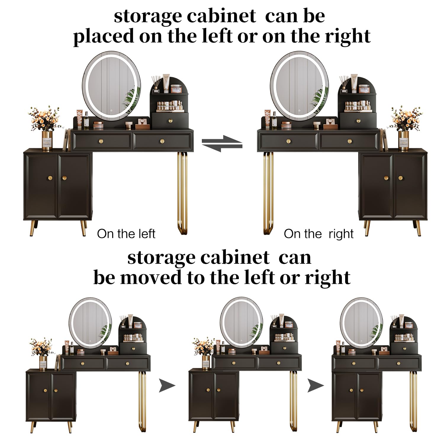 Black Modern Vanity Desk,Retractable Makeup Vanity,with LDE Mirror and 2 Spacious Drawers,Makeup Desk with Cabinet,Dressing Table with 3 Sections Silent Drawer Slides,Writing Desk