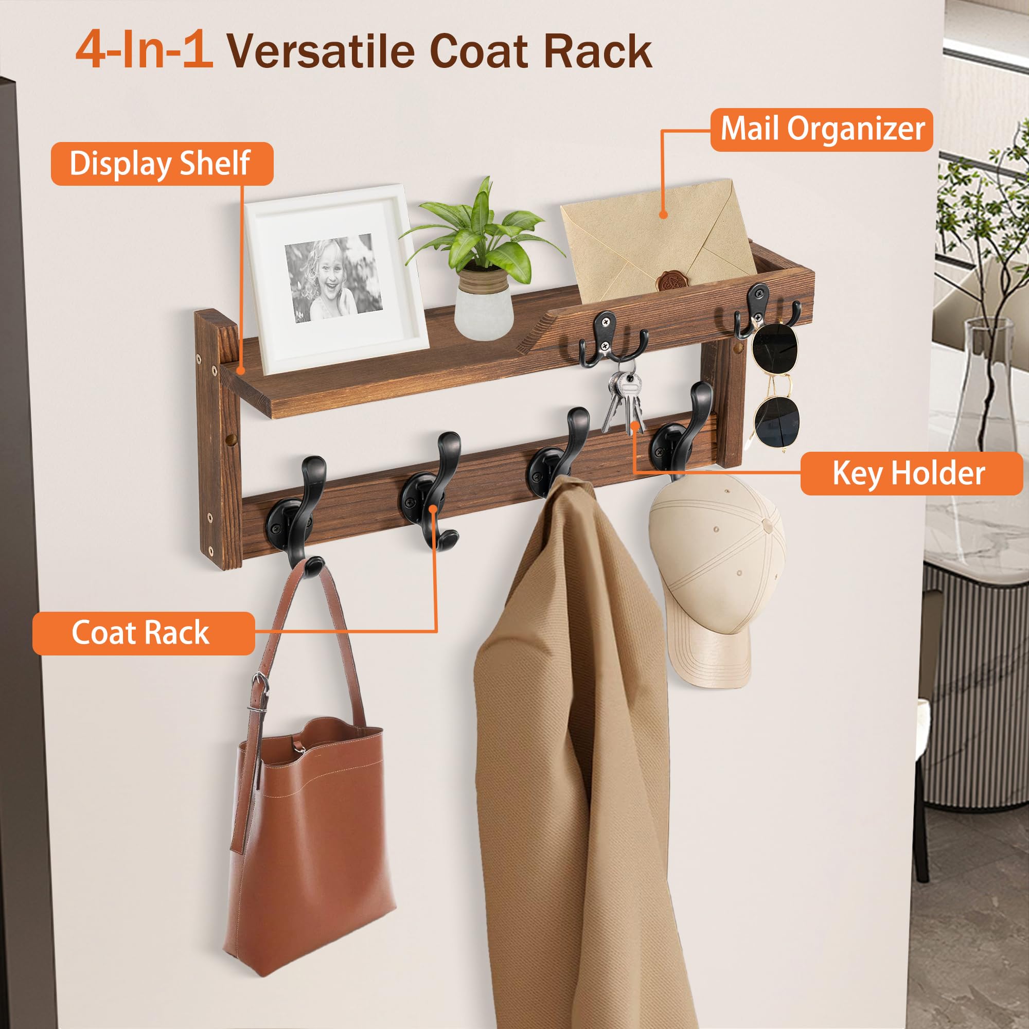 Coat Rack Wall Mount with Shelf, Coat Hanger Wall Mount with Key Hooks and Mail Holder, Wood Entryway Wall Floating Shelf with Hooks and Storage, Hat Rack for Wall Key Holder Mail Organizer