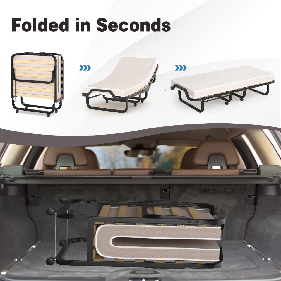 GORELAX Foldable Single Bed, Cot Size Portable Bed with 4β Memory Foam Mattress & Wheels, Rollaway Guest Bed w/Steel Frame & Wooden Slats, Made in Italy, Sleeping Folding Cot Bed for Adults