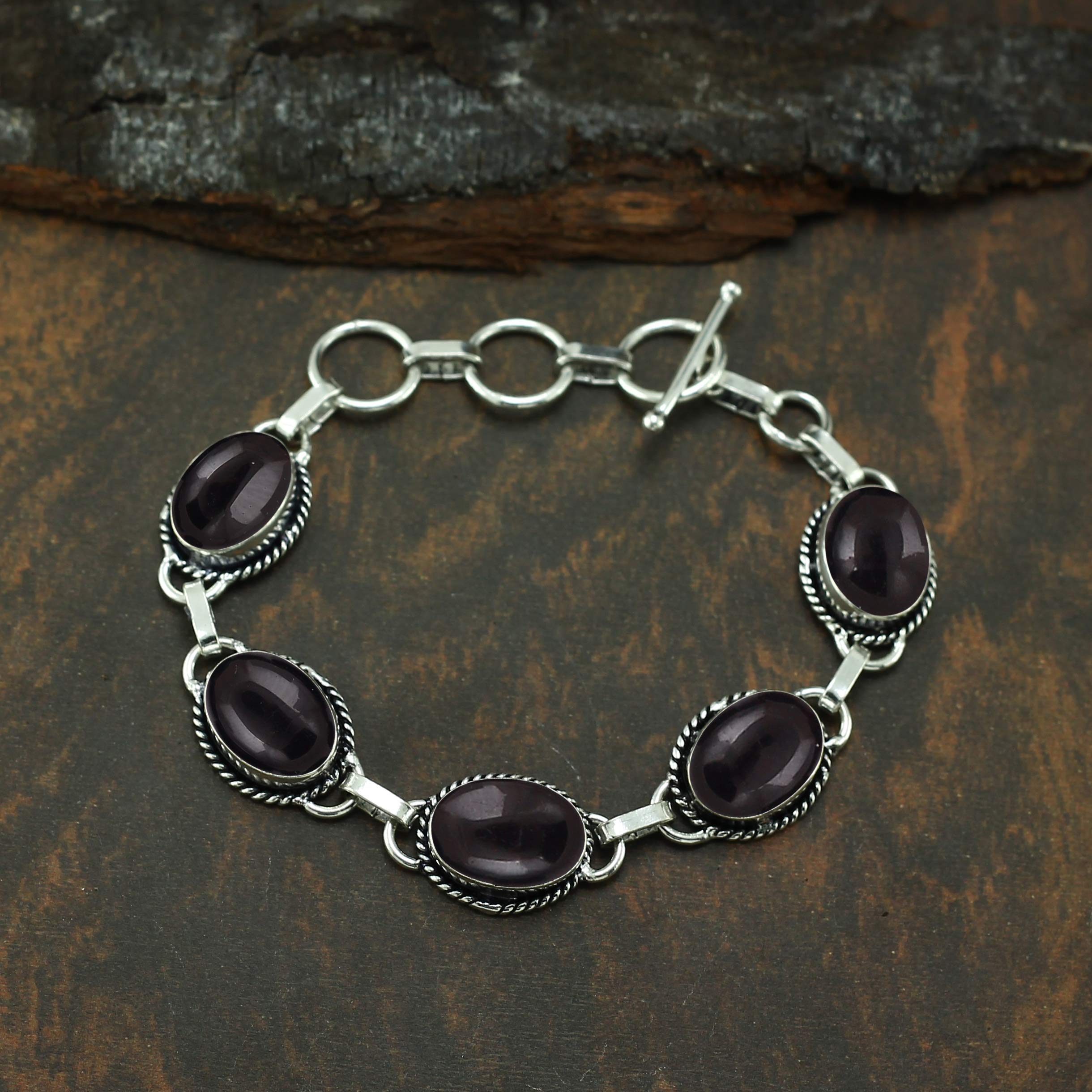 Black Onyx Bracelet 925 Silver Overlay Handmade Vintage Style Jewelry for Women Mom Wife