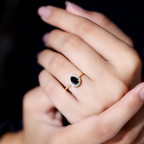 Certified Black Spinel Diamond Halo Engagement Ring, AAA Quality, Black Spinel 5X7mm Pear Shape Ring - Ready To Gift, 14K Yellow Gold, Size:US 7.50