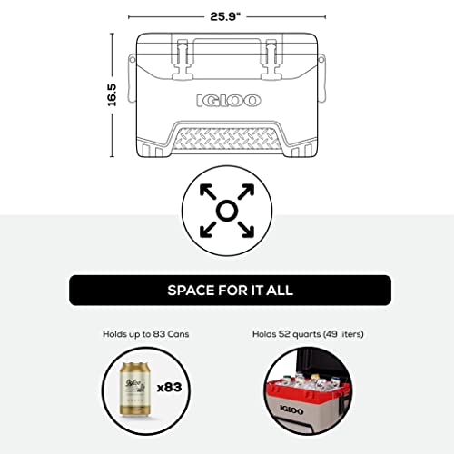 Igloo BMX 52 Quart Cooler with Cool Riser Technology, Fish Ruler, and Tie-Down Points - 16.34 Pounds - Sandstone and Red