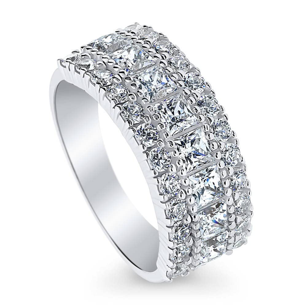 BERRICLE Sterling Silver Art Deco Wedding Rings Cubic Zirconia CZ Anniversary Half Eternity Ring for Women, Rhodium Plated Size 8