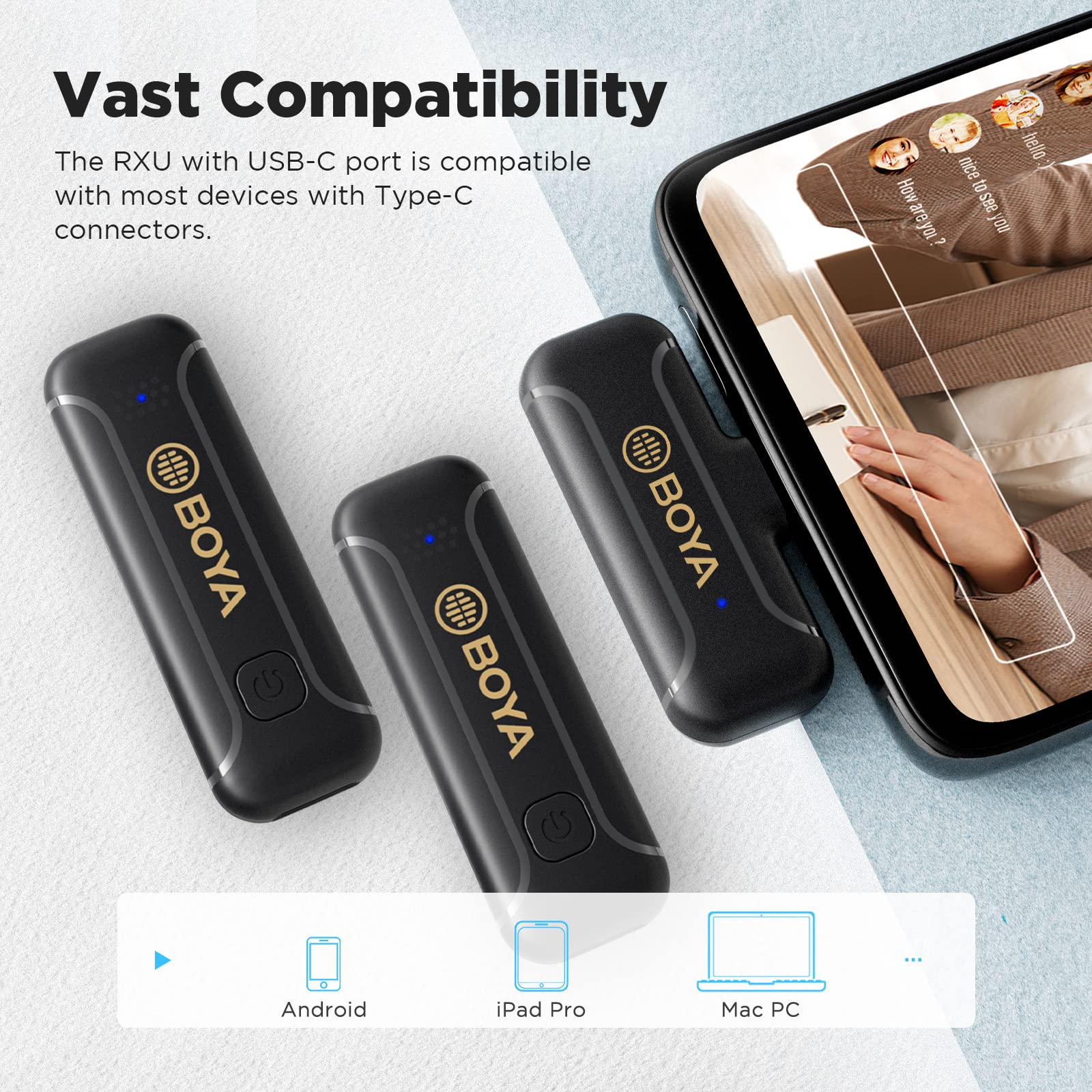 BOYA Wireless Lavalier Microphone for iPhone iPad, 2.4GHz Plug Play Lapel Clip-on Mini Mic, Cordless Omnidirectional Condenser Mic for Interview Video Podcast Vlog YouTube Recording (TX+TX+RX)