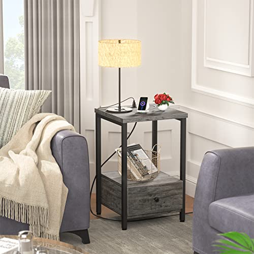 Ecoprsio Nightstands Set of 2 with Charging Station, Modern Night Stand Bedside Table with Storage Drawer and Shelf, End Side Table with USB Ports & Power Outlets for Bedroom Living Room, Grey Oak