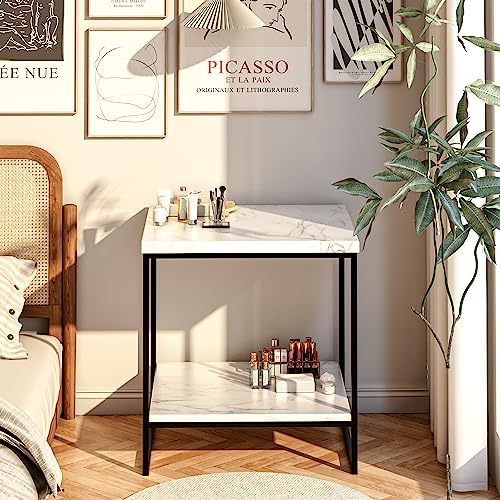 Tilly Lin Faux Marble Side Table, White Marble Small Coffee Table with Storage, 2-Tier End Table for Living Room, Nightstand for Bedroom (White, Black)