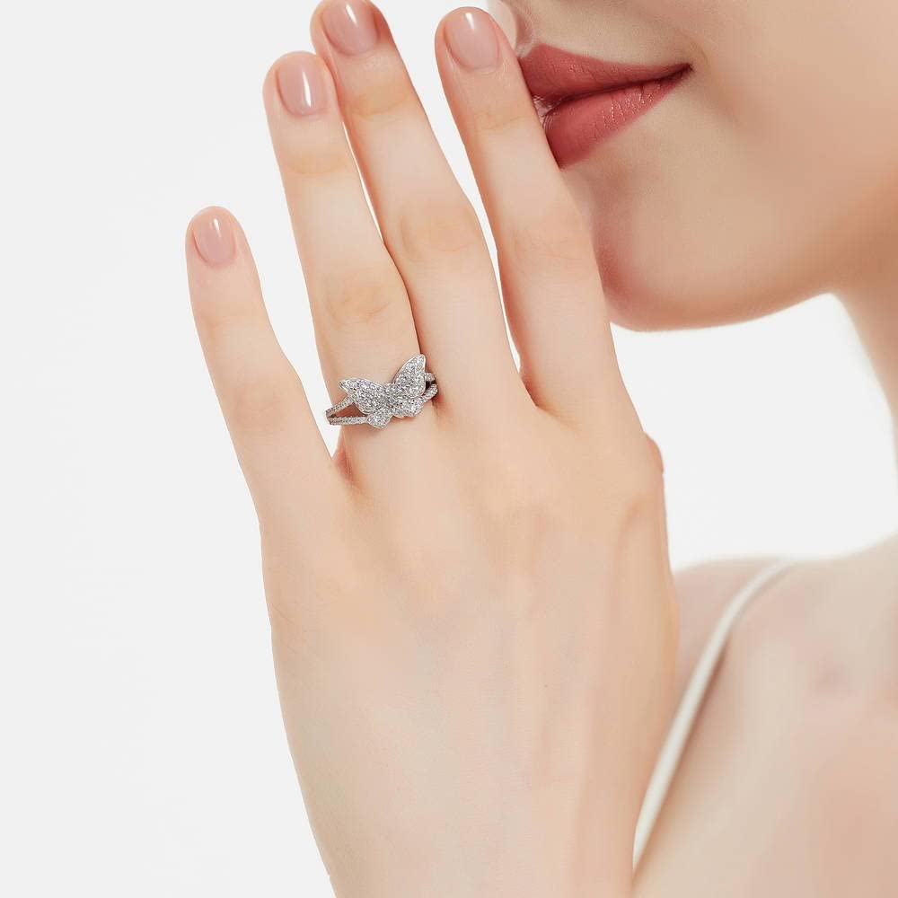 BERRICLE Sterling Silver Butterfly Cubic Zirconia CZ Fashion Ring for Women, Rhodium Plated Size 6