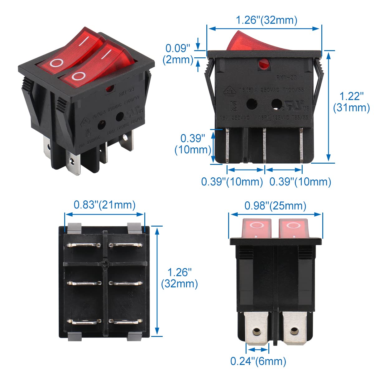 Baomain Boat Rocker Switch Red Light Illuminated AC 16A/250V 16A/125V 6 Pin Dual DPDT ON/OFF UR List (1PCS)