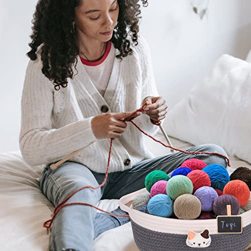Cotton Rope Baskets, Cube Storage Basket Bins with Handle, Shelf Storage Baskets for Baby Laundry Basket Toy Storage Blanket Storage Nursery Basket Soft Storage Bins Woven Basket, 3 Pack, Gray