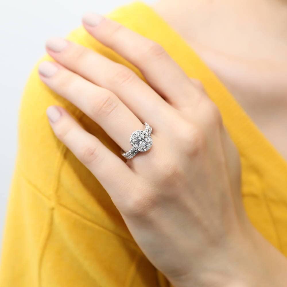 BERRICLE Sterling Silver Halo Wedding Engagement Rings Oval Cut Cubic Zirconia CZ Ring Set for Women, Rhodium Plated Size 5.5