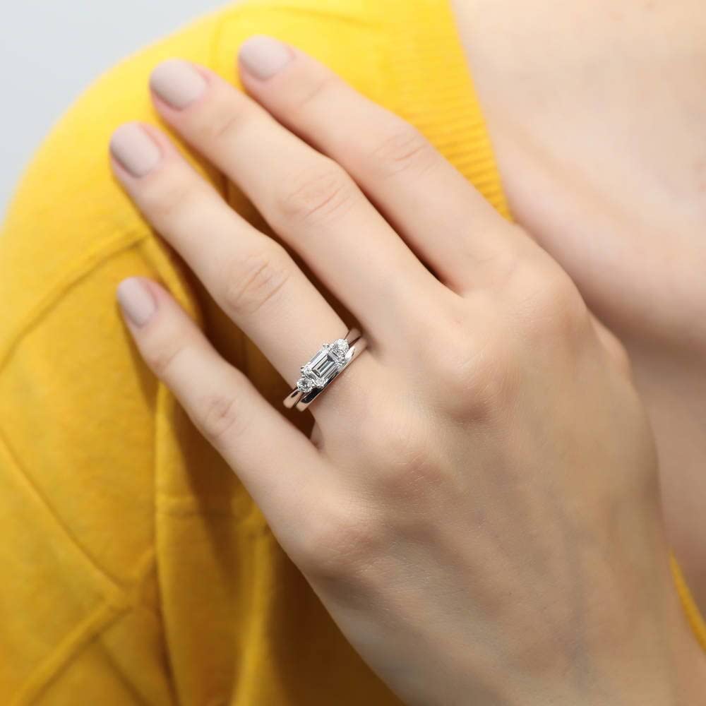 BERRICLE Sterling Silver 3-Stone Wedding Engagement Rings Emerald Cut Cubic Zirconia CZ East-West Ring Set for Women, Rhodium Plated Size 4.5