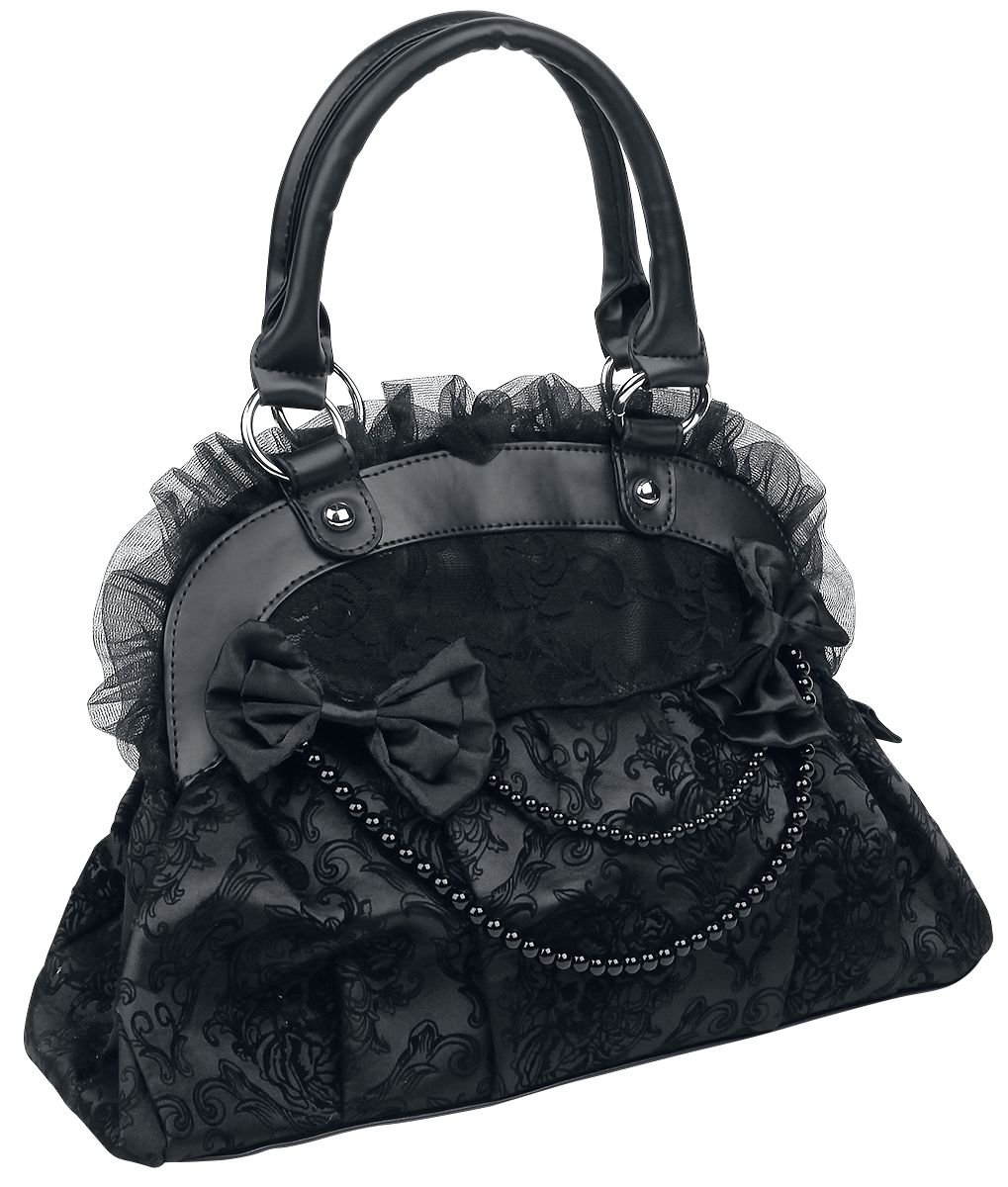Lost Queen Reinvention Victorian Gothic Handbag Flocked Skulls with Bows and Lace Bag Women's 15" Purse