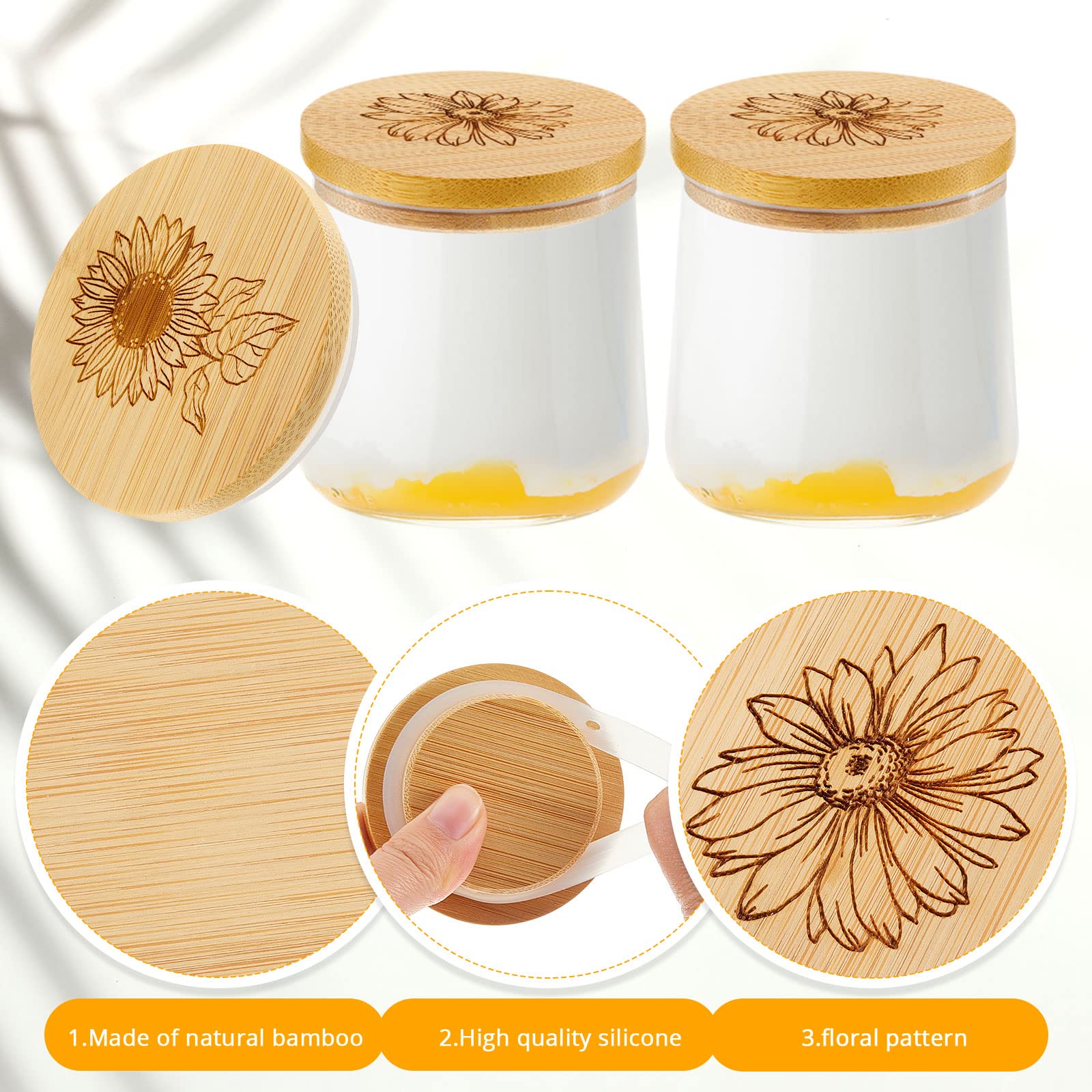 Gueevin Oui Yogurt Jar Lids Natural Bamboo Wooden Oui Lids Decorative Lids with Silicone Sealing Rings Compatible with Oui Yogurt Jars for Coffee Cookie Supplies(12 Pieces)