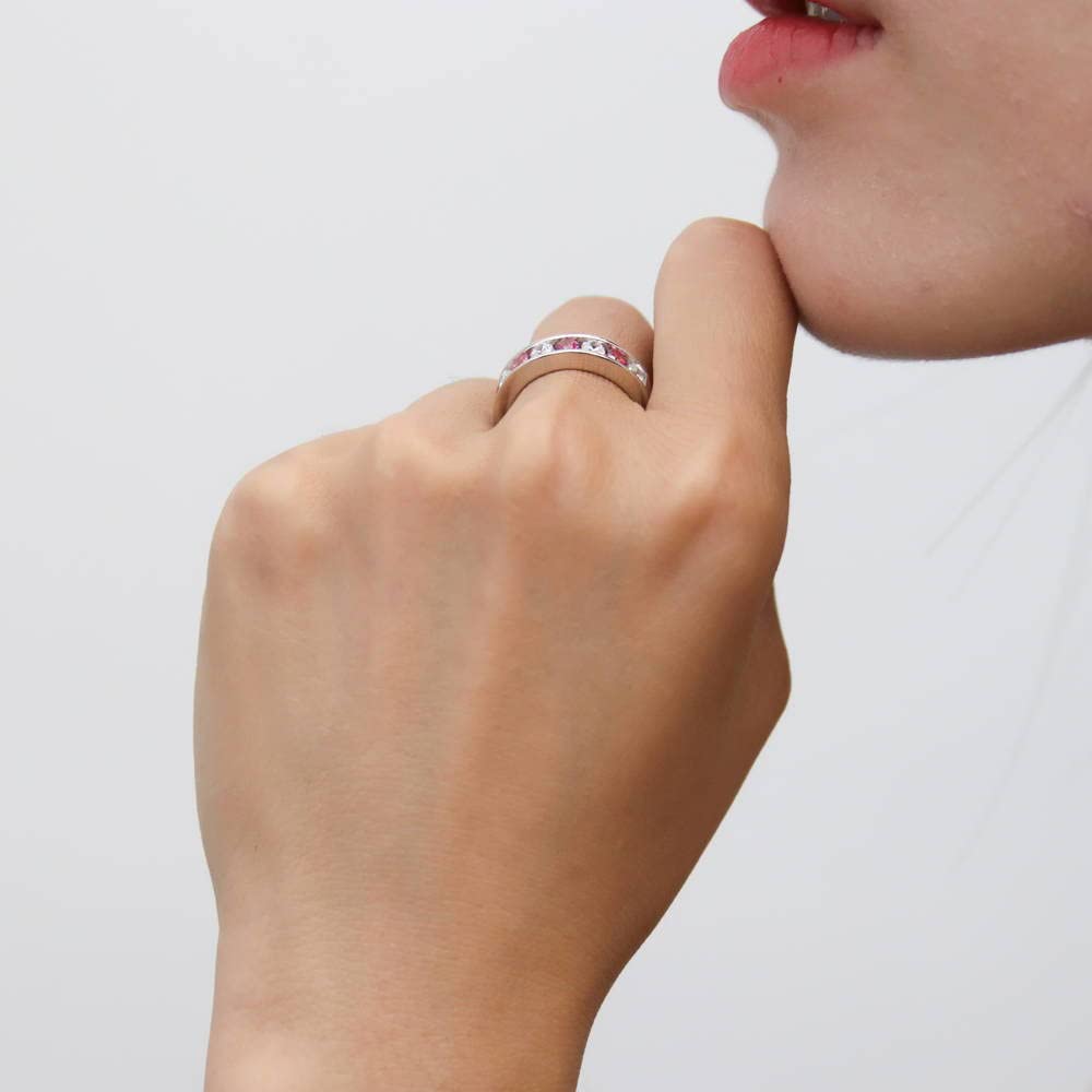 BERRICLE Sterling Silver Red Channel Set Cubic Zirconia CZ Stackable Fashion Anniversary Half Eternity Ring for Women, Rhodium Plated Size 7