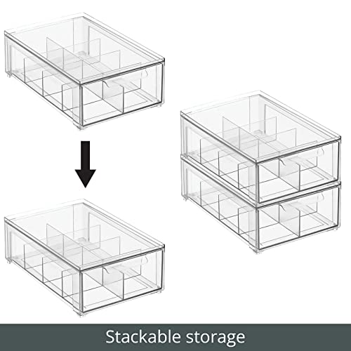 mDesign Plastic Kitchen and Pantry Organizer with Divided Drawer - Stackable Bin with 8 Sections for Tea and Snack Food - Perfect for Organizing Cabinet, Fridge - Lumiere Collection - 2 Pack - Clear