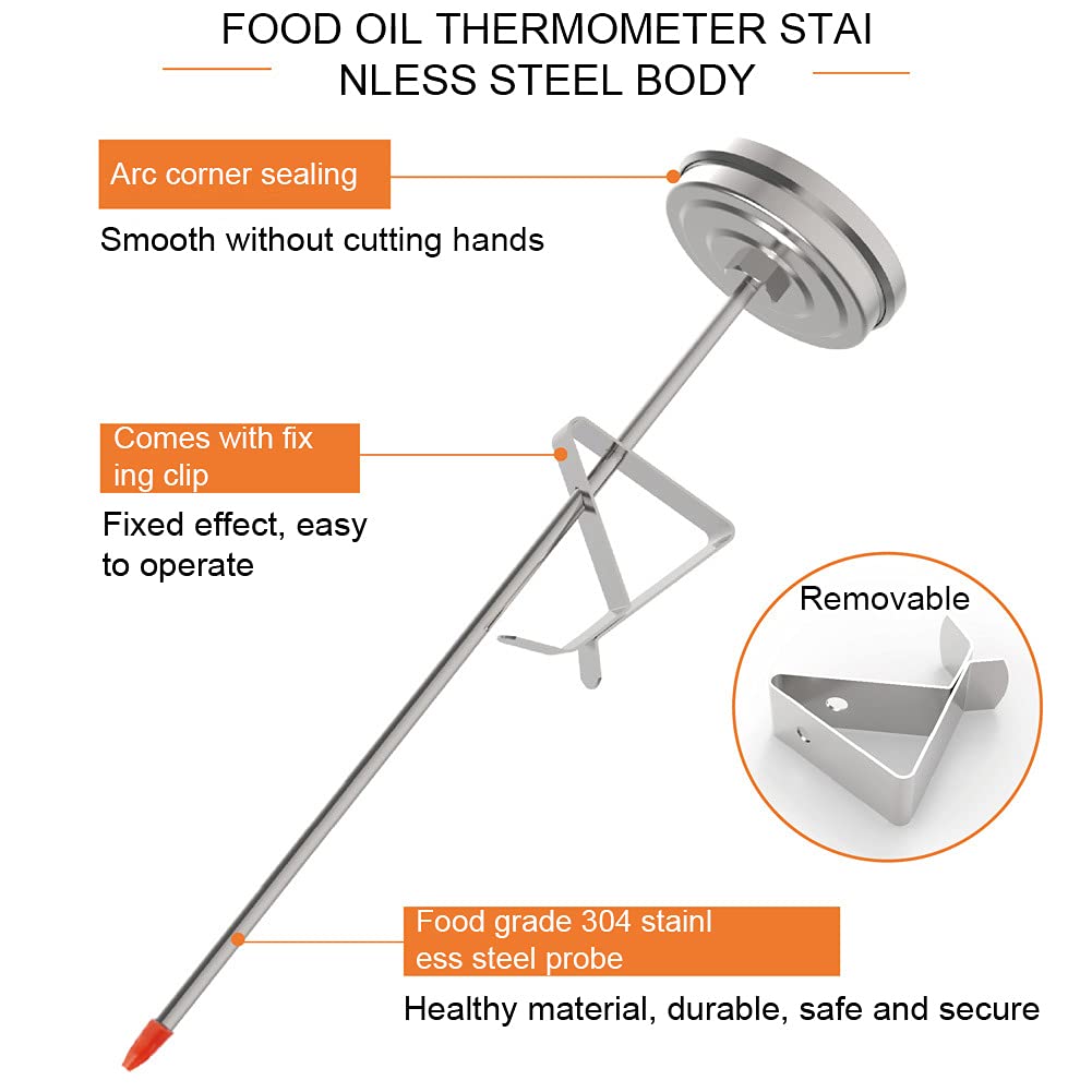 Deep Fry Thermometer Mechanical Meat Thermometer for Deep Fry, Grilling Dial Thermometer Stainless Steel Stem Meat Cooking Thermometer with Adjustable Pot Clip(Size:200 mm)