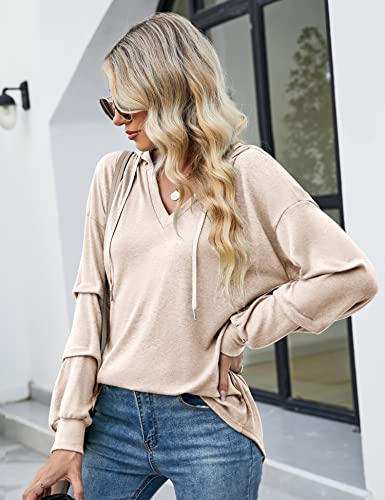 Conmite Womens Drawstring Pullover Hoodies Casual Long Sleeve Tops V Neck Drop Shoulder Sweatshirts Apricot L