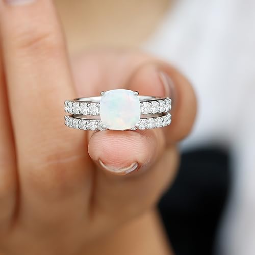Certified Opal Wedding Ring Set, AAA Quality, Natural 8mm Cushion Cut Opal Engagement Ring with Moissanite Enhancer, 14K White Gold, Size:US 10.00