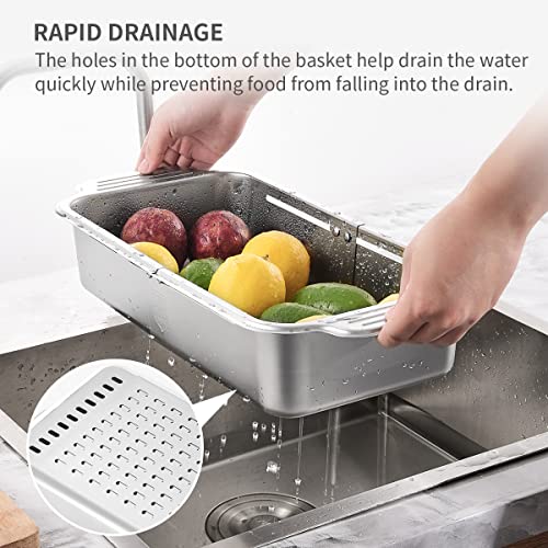 Choxila Extendable Over the Sink Colander Stainless Steel Strainer Basket - Wash Vegetables and Fruits, Drain Cooked Pasta and Dry Dishes - Extendable (8.3 W x 13.2-17.5 L x 3 H)