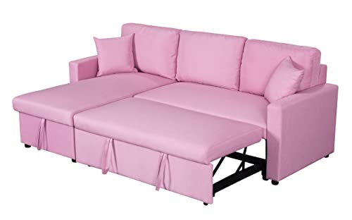 GLANZEND L-Shape Reversible Linen Sleeper Sectional Sofa with Storage Chaise, Corner Convertible Couch w/ 2 Throw Pillows for Living Room, Small Apartment, Dorm, Pink, 57 Inch