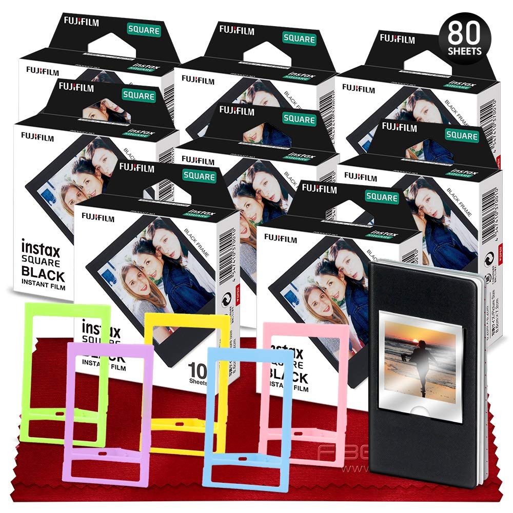 FUJIFILM INSTAX SQUARE Black Instant Film (80 Exposures) with Album, Frames, and Fibertique Microfiber Cleaning Cloth Accessories Bundle for Photographers and Artists