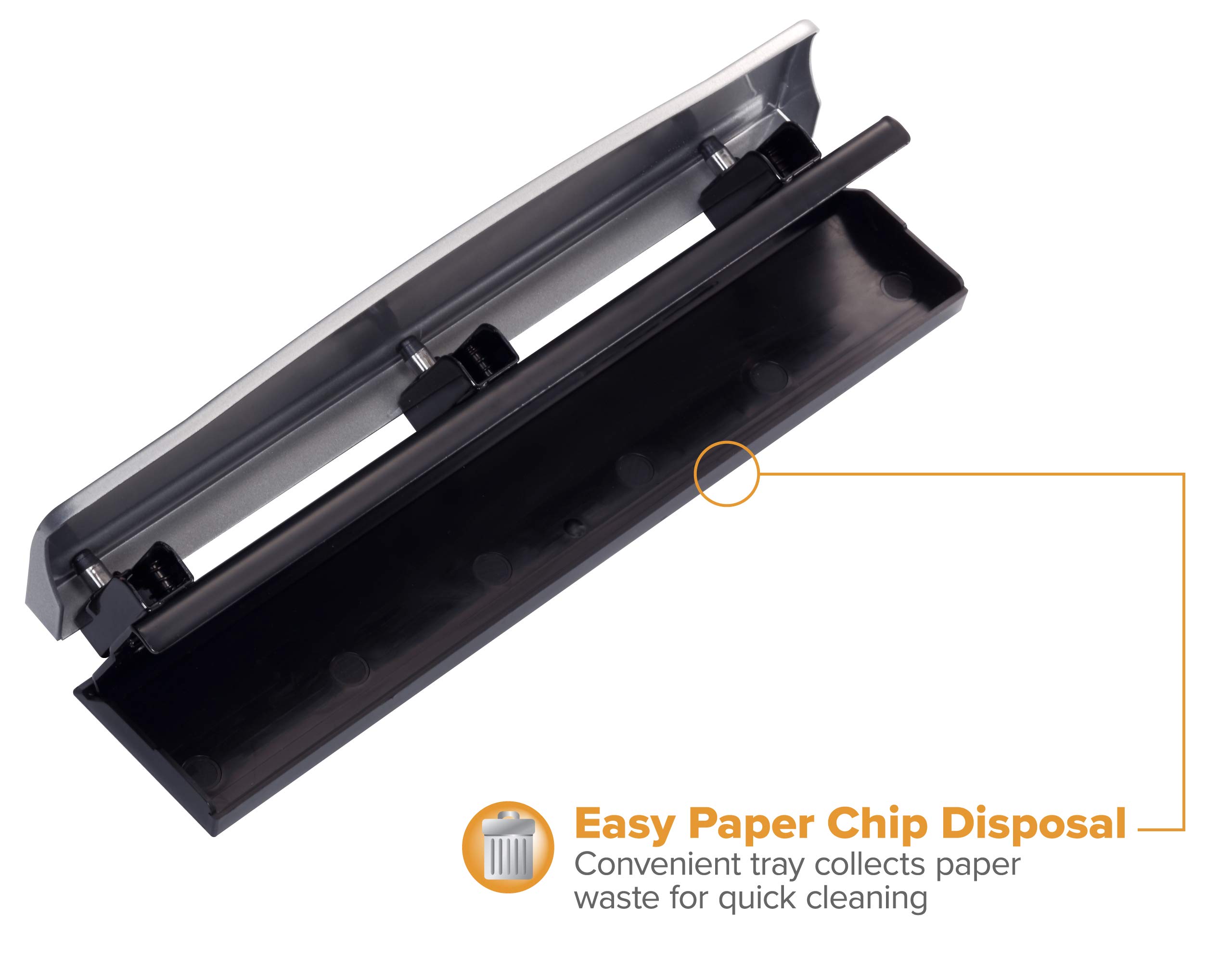 Bostitch Office Premium 3 Hole Punch, 12 Sheet Capacity, Metal, Rubber Base, Easy-Clean Tray, Silver, 2-Pack