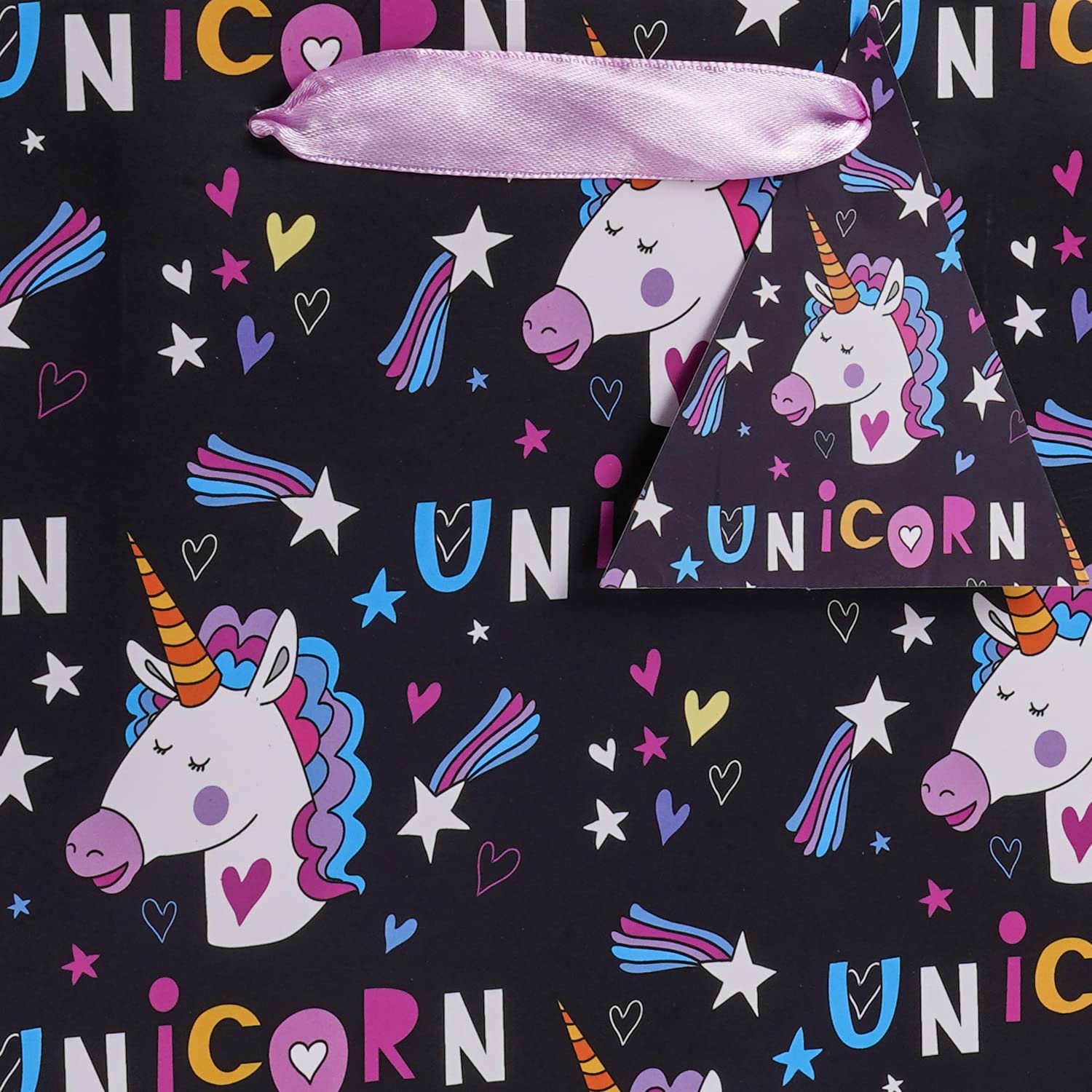 JWSCYSY 12.6" Large Gift Bag with Card and Tissue Paper - Black Pink Unicorn Gift Bag for Girls Birthday.