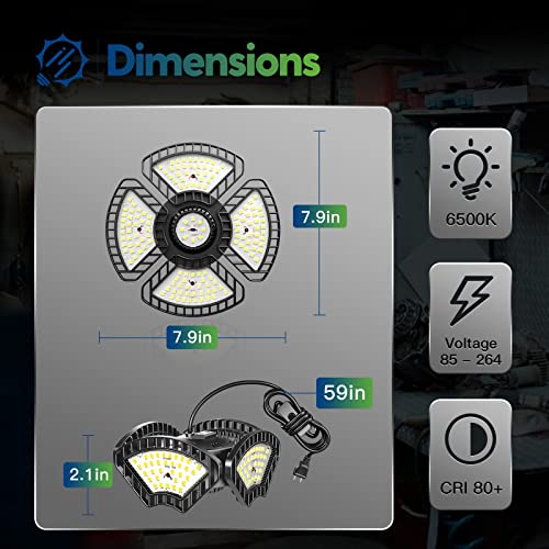 FREELICHT 4 Pack LED Garage Lights with Plug, 90W 9000LM Hanging Deformable Garage Ceiling Lighting 6500K with 4+1 Adjustable Panels, Corded Linkable Shop Light for Basement, Barn, Workbench