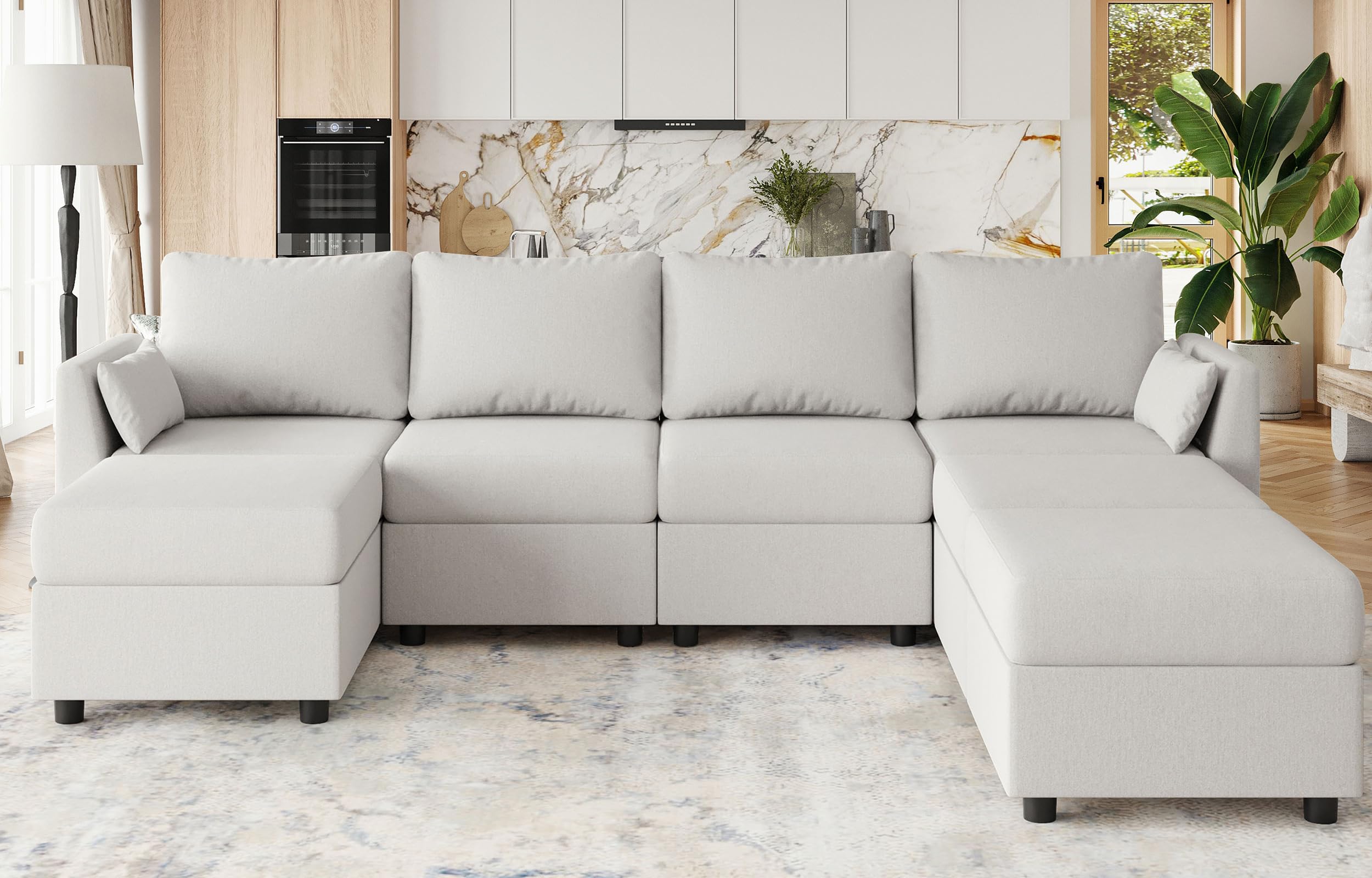 Mangodan Modular Sectional Sofa with Storage, Convertible 7 Seat Sectional Couches for Living Room, U Shaped Sectional Sofa with Chaise, Comfy Sectional Sleeper Sofa, High Supportive Sponge-Beige