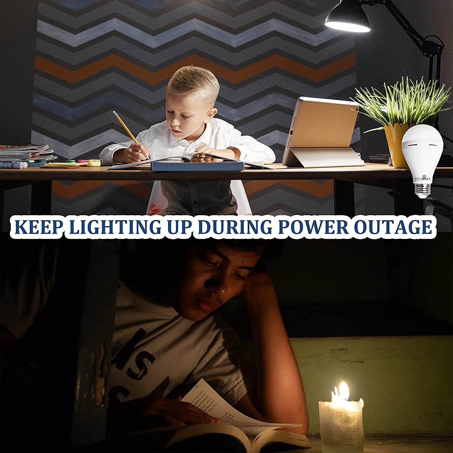 BESLAM Rechargeable Emergency LED Bulb with Battery Backup, Self-Charging Camping Light Bulbs for Power Outage Hurricane 60W Equivalent(8W), Daylight 5000K, 850 Lumens, E26, 2 Pack with Hook