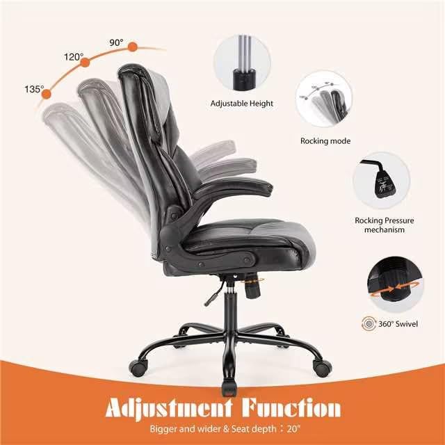 Office Chair - Ergonomic High Back Desk Chairs, Heavy Duty Task Chair with Flip-up Arms, PU Leather, Adjustable Swivel Rolling Chair with Wheels, Black