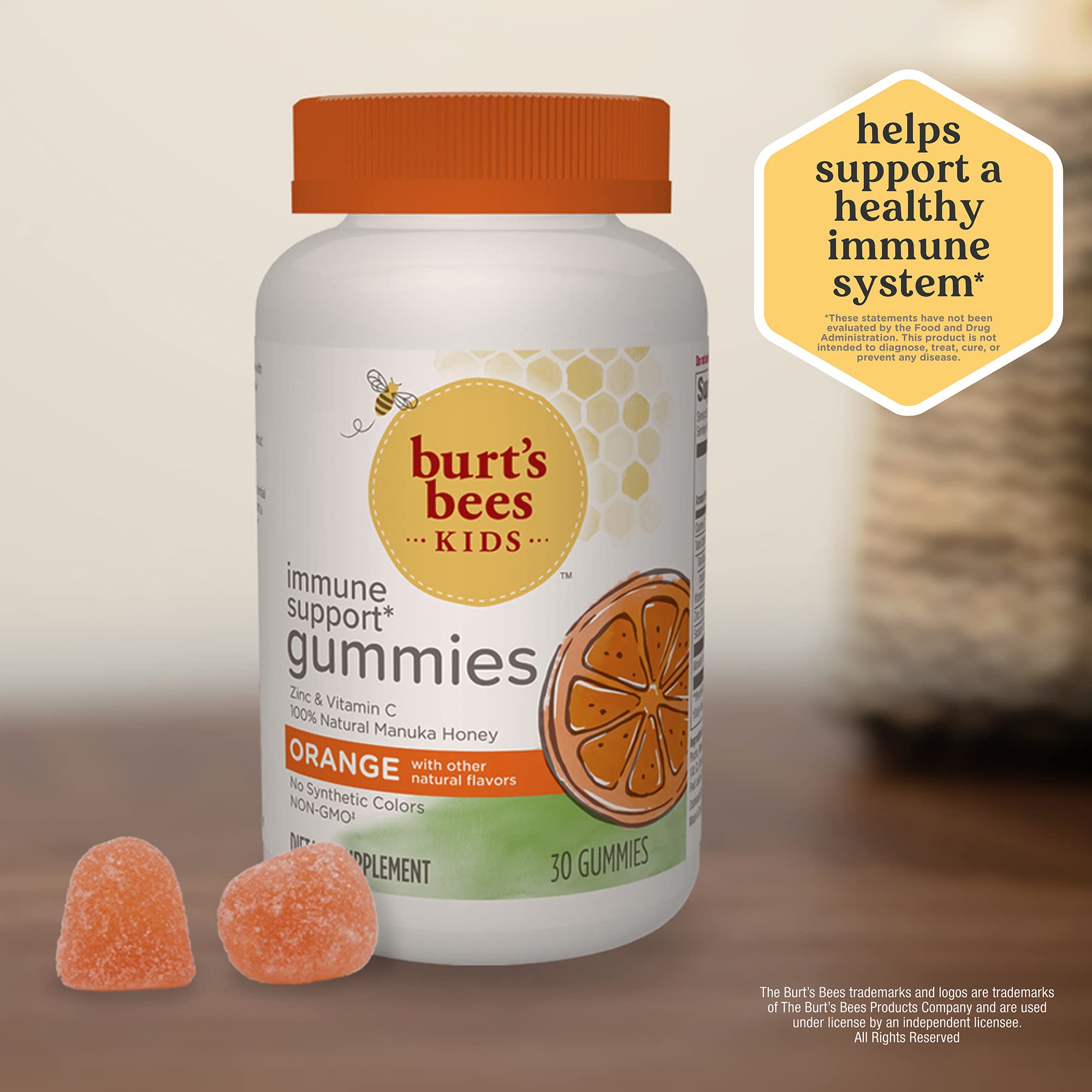Burt's Bees Kids Immune Support Gummies: Vitamin C and Zinc, Natural Manuka Honey, Orange Flavor, 30 Count