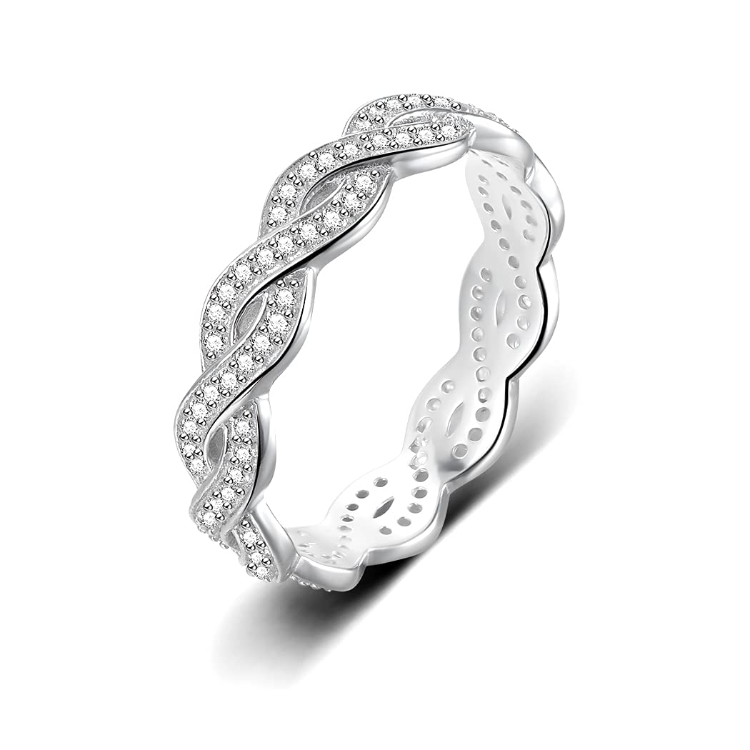 BORUO 925 Sterling Silver Ring, Twisted Infinity Celtic Knot Cubic Zirconia CZ Wedding Band Stackable Ring Size 8