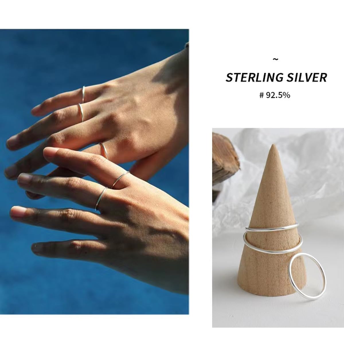 CANDYFANCY 925 Sterling Silver 1.2mm Stacked Midi Thin Rings for Women Knuckle Ring Band Stacking Ring Set Size 2.5-8.5 (Silver 8 Pcs)