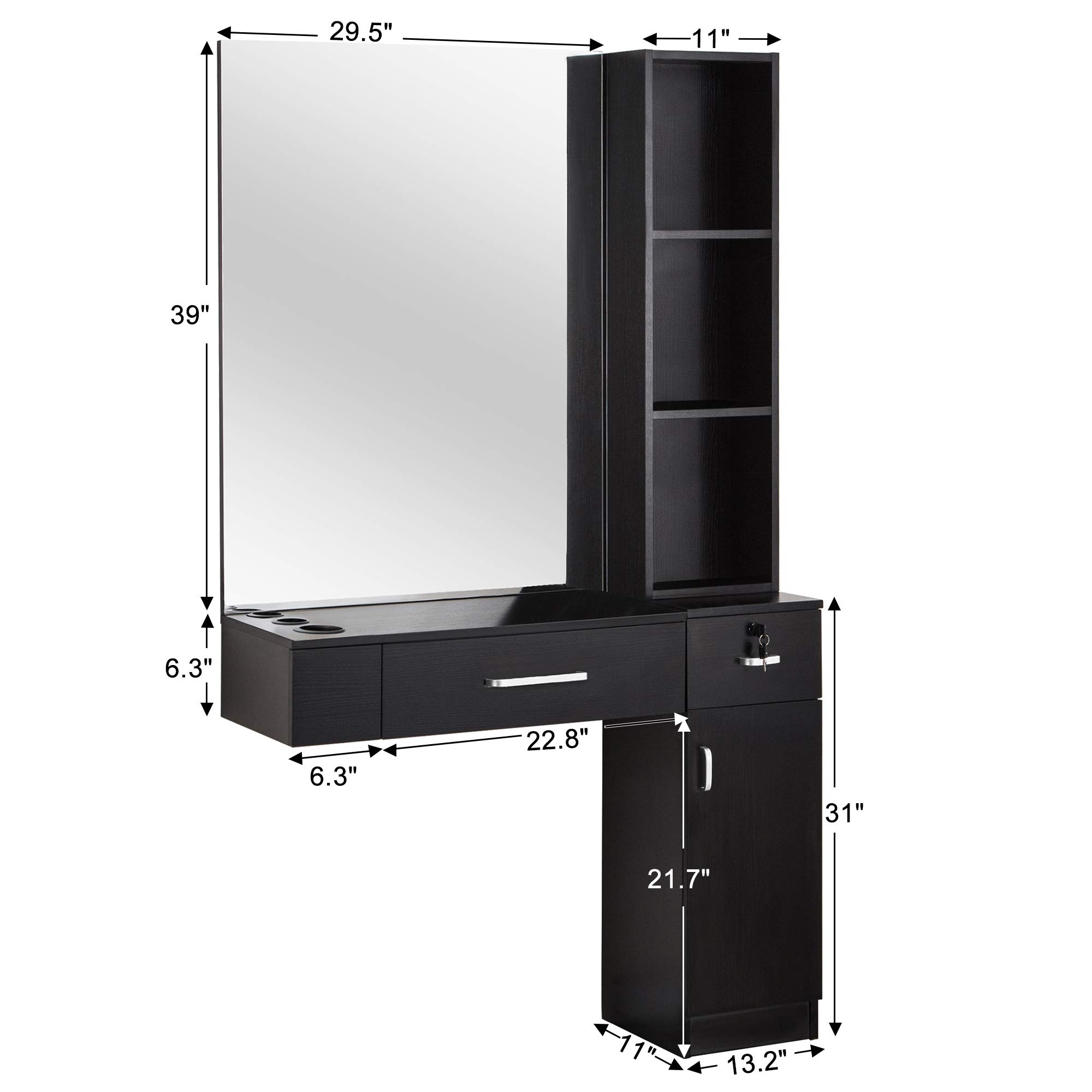 BarberPub Wall Mount Salon Station Hair Styling with Mirror Beauty Salon Spa Equipment Set 3026 (Right Shelf)…