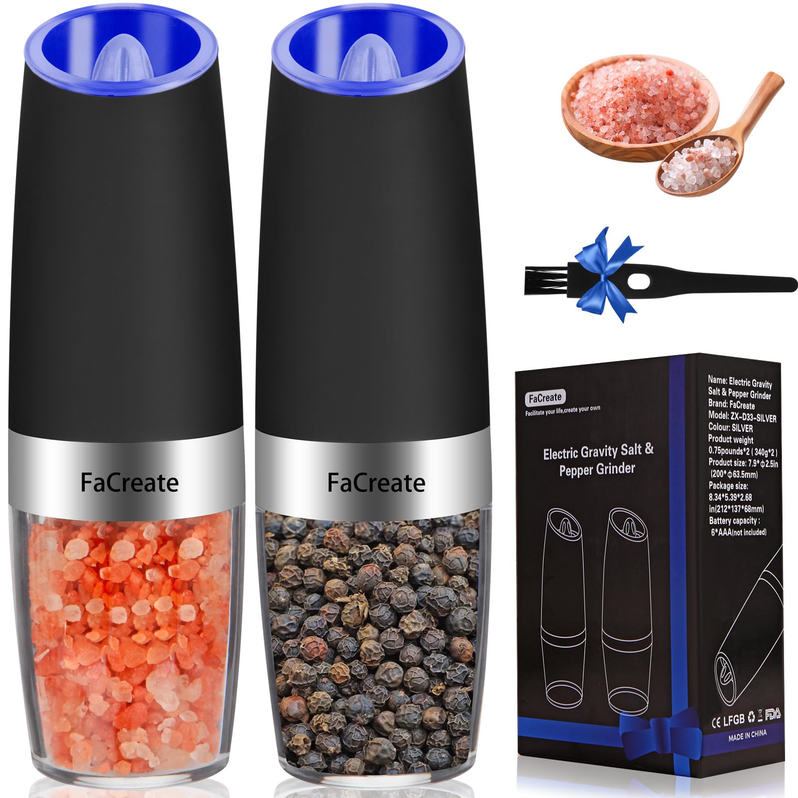 FaCreate Gravity Electric Salt and Pepper Grinder Set,Automatic Operation Electric Salt and Pepper Shakers Set,Battery Powered Adjustable Coarseness Pepper Mill Grinder LED Light, Black (2PACK)