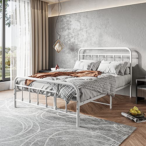 Elegant Home Products Vintage Full Size Bed Frame with Headboard and Footboard Mattress Heavy Duty Metal Platform Bed Frame Steel Slat Support (Full, White)
