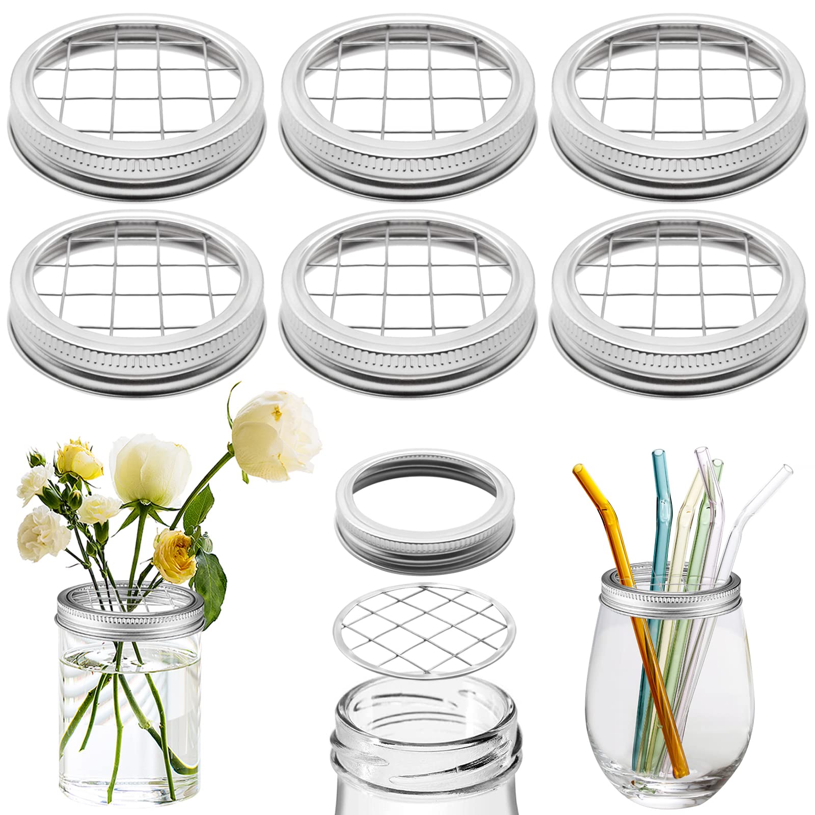 Cinvo Flower Mason Jar Insert Lid Metal Flower Organizer Frog Lid for Regular Mouth Mason Canning Jars Bouquet Easy Flower Arranging(6 Set Rings and Separate Lids)