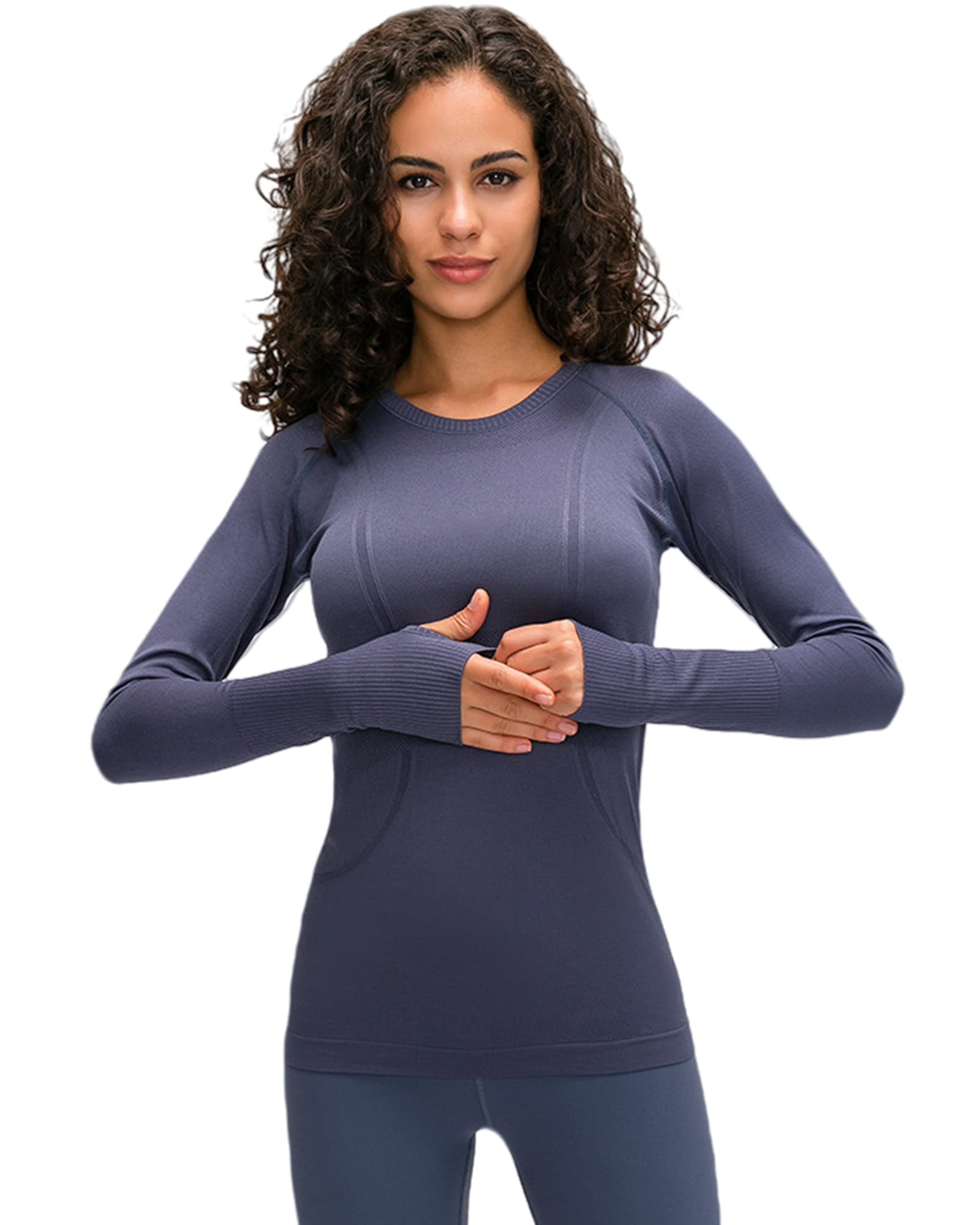 CFURUN Women's Workout Tops Seamless Long Sleeve Workout Shirts Breathable Gym Athletic Shirts Top B Lilac Grey X-Small