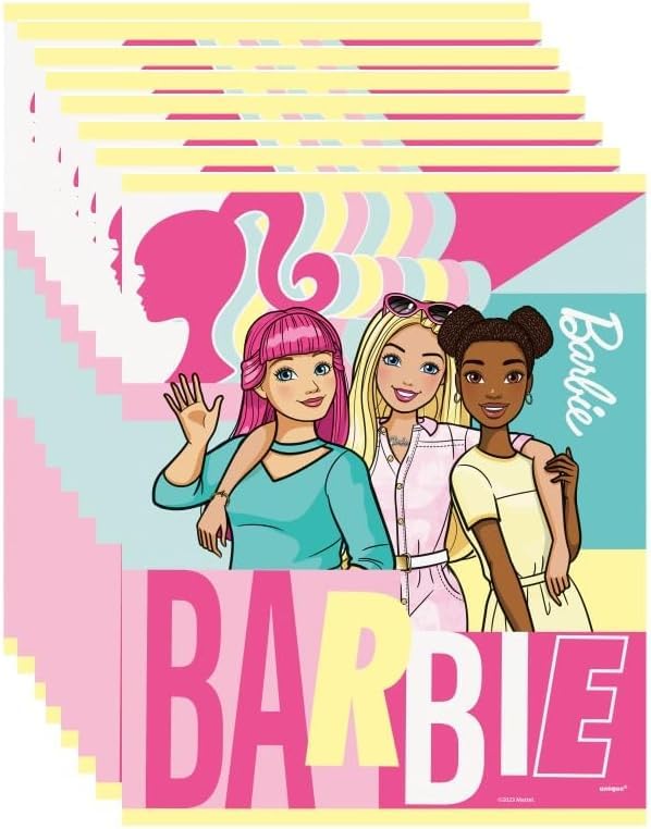 Barbie Birthday Party Supplies Bundle Pack includes 16 Plastic Favor Loot Bags and 1 Dinosaur Sticker Sheet