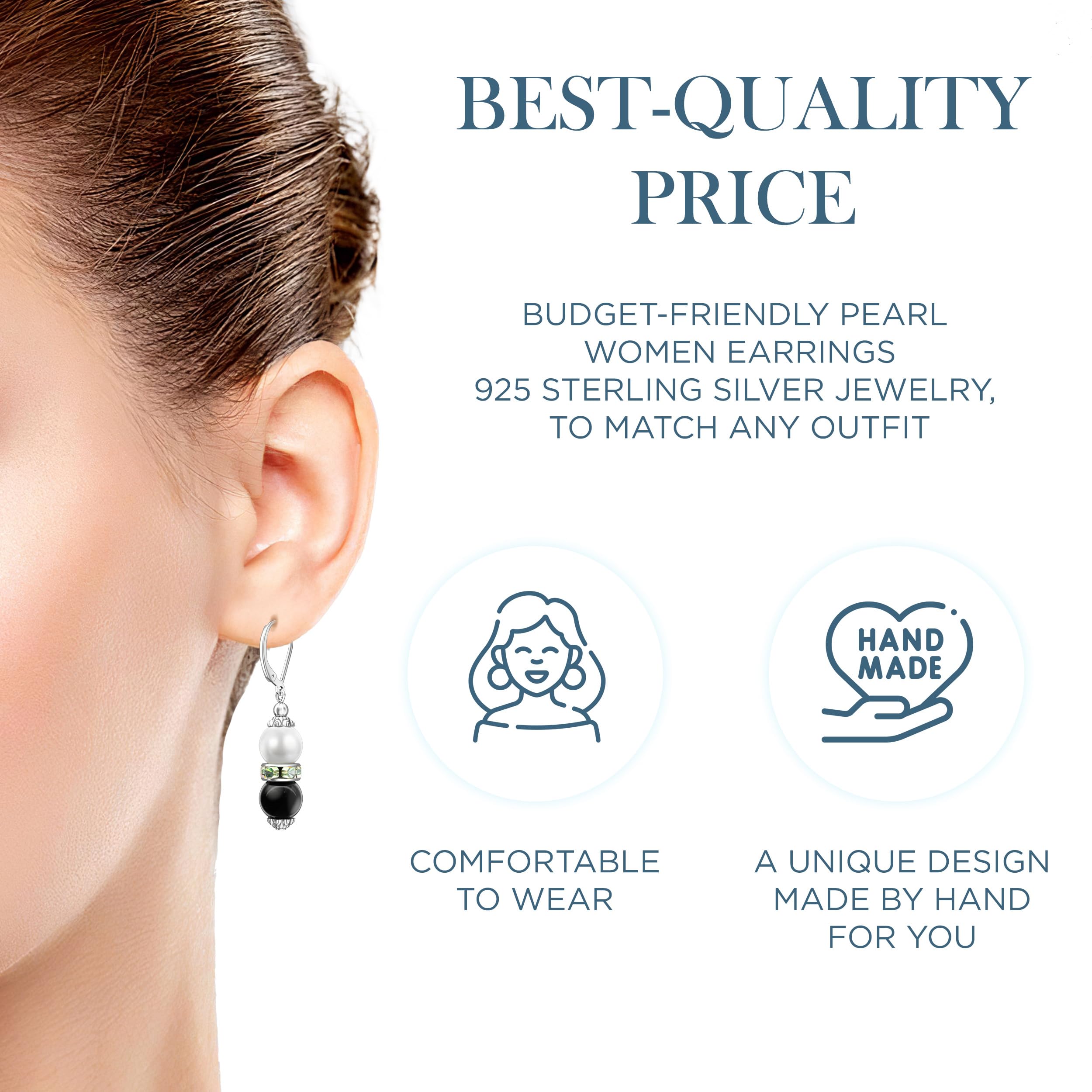 Black White Glass Pearl Earring Sp Leverback Handcrafted Rhinestone Earrings For Women Set + Gift Box For Free