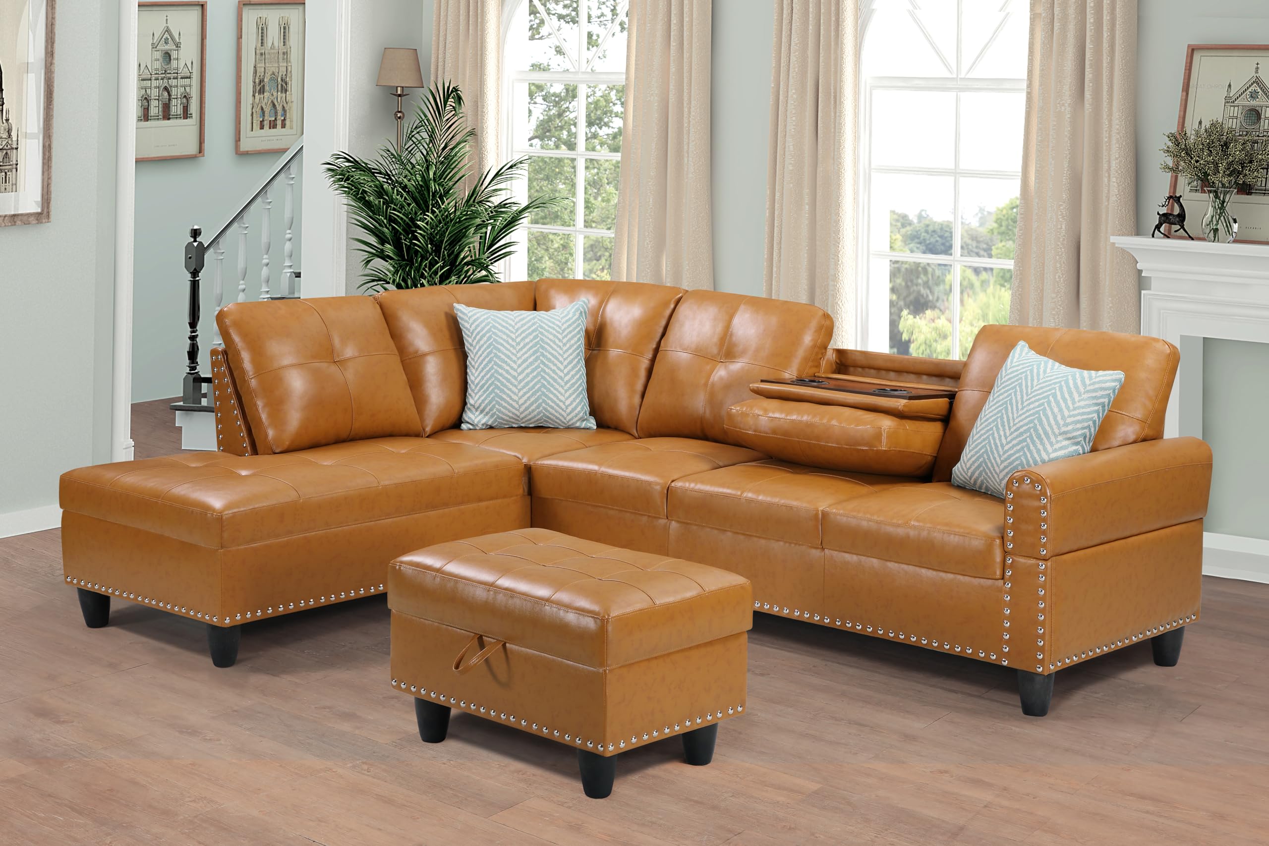 FANYE L-Shaped 5 Seaters Sectional Sofa with Right Chaise, Faux Leather Upholstered Corner Sofa&Couch W/2 Cup Holders and Storage Ottoman for Home Apartment Office Living Room
