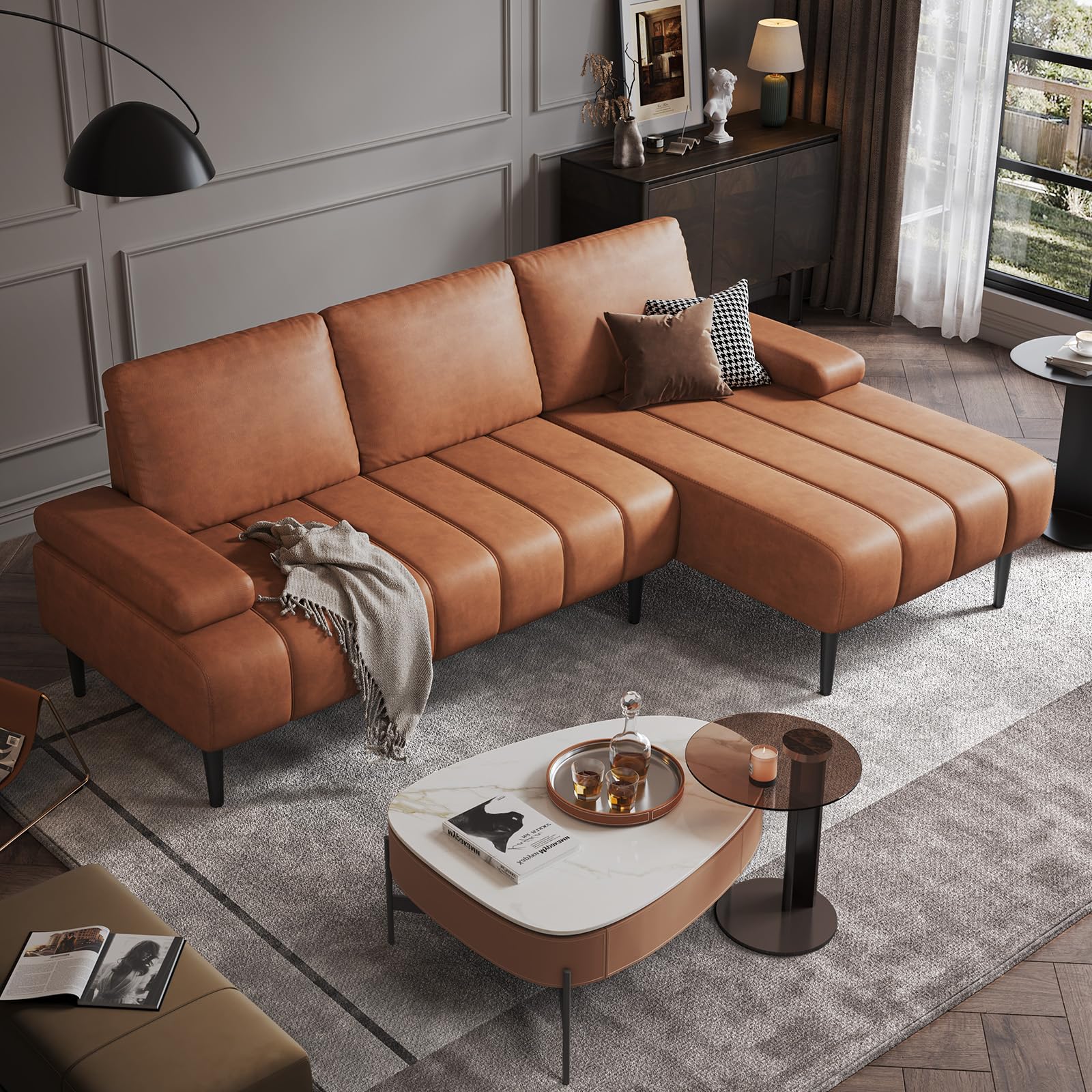 Fadware Sectional Couch for Living Room, 94.5'' Faux Leather L-Shaped Sofa Couches, Modern Upholstered 3 Seat Couch with Removable Armrest and Not Convertible Chaise for Apartment, Grey