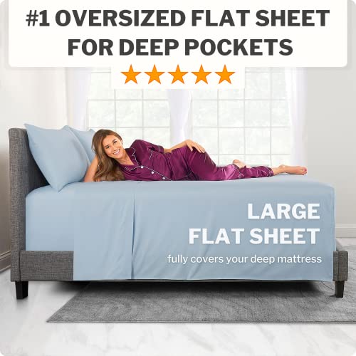 Extra Deep Pocket Queen Bed-Sheets – 4-Piece Includes: 18”-21” Inch Super Extra Deep Pocket Fitted Sheet – Oversize Flat Sheet – 2 Zipper Closure Pillowcases – Perfectly Fit – Queen Size – Light Blue