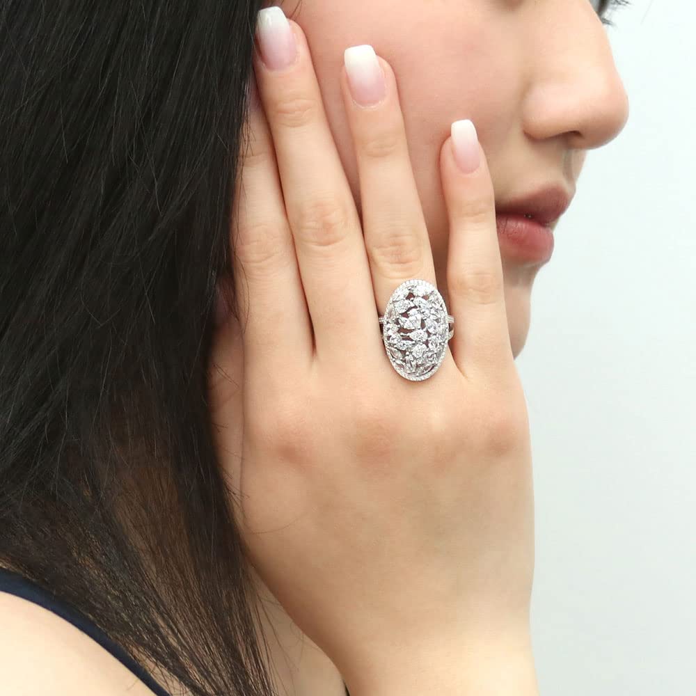 BERRICLE Sterling Silver Cluster Cubic Zirconia CZ Statement Cocktail Fashion Split Shank Ring for Women, Rhodium Plated Size 5