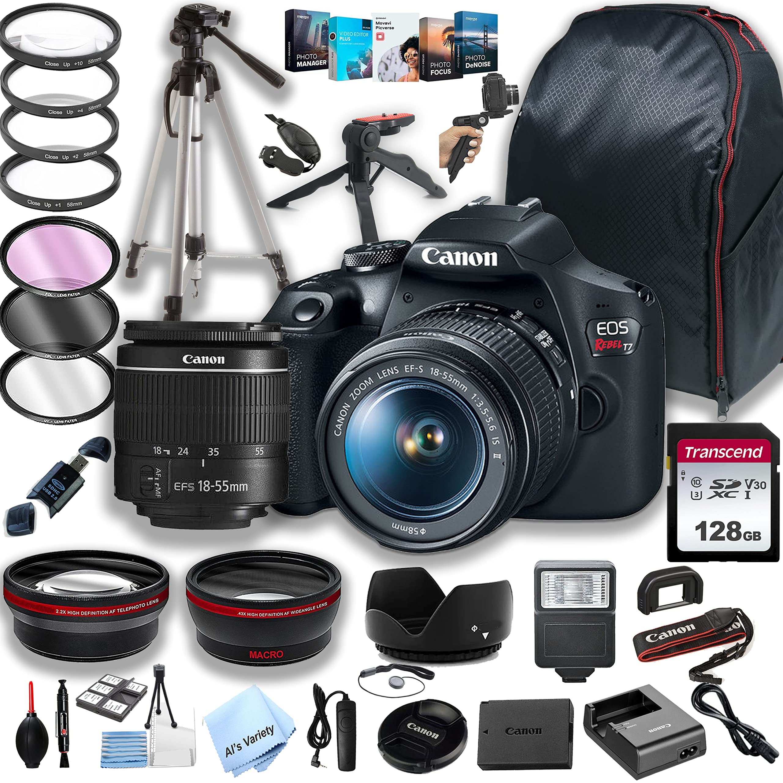 Canon EOS Rebel T7 DSLR Camera w/EF-S 18-55mm F/3.5-5.6 Zoom Lens + 128GB Memory + Case+ Steady Grip Pod + Tripod + Filters + Remote + Lenses + Software + More (42pc Bundle)