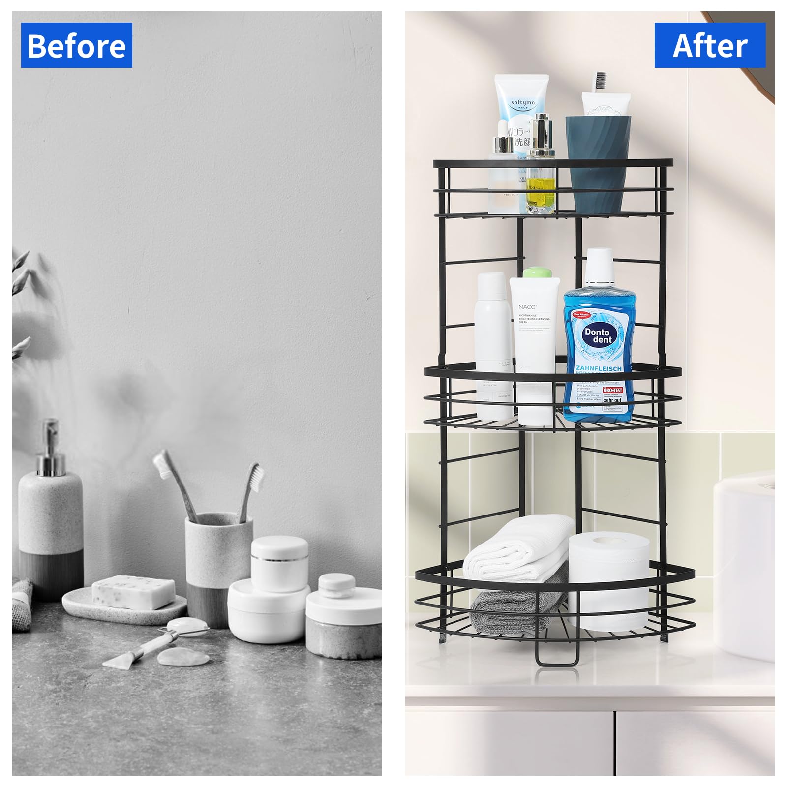 FAGIGY Corner Shower Caddy,3 Tier Shower Organizer Stand,Metal Corner Shelf Baskets for Bathroom,Living Room,Kitchen,Rustproof - Black